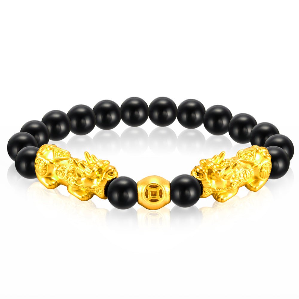 999 Gold Double Pixiu with Black Agate Bracelet – MoneyMax Jewellery